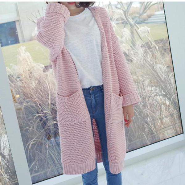 Pink Knitted Sweater Women Knit Cardigan Long Knitting Coat Sd470 on Luulla
