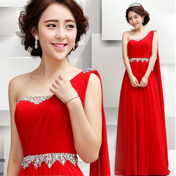 Red Formal Evening Gowns With Crystal Sequin One Shoulder Chiffon Dress ...